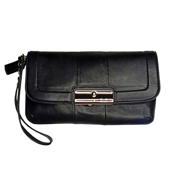 Coach | Bags | Coach Kristin Wristlet Black Flap Soft Patent Leather ...